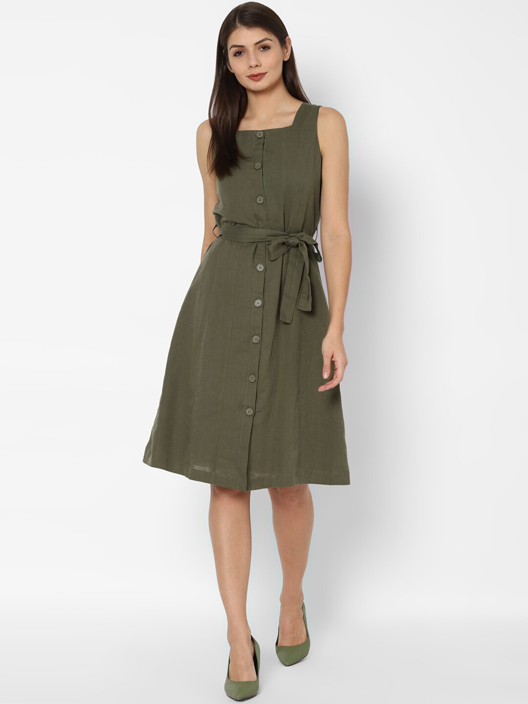 Buy Allen Solly Woman Women Olive Green Pure Cotton Solid Fit And Flare ...
