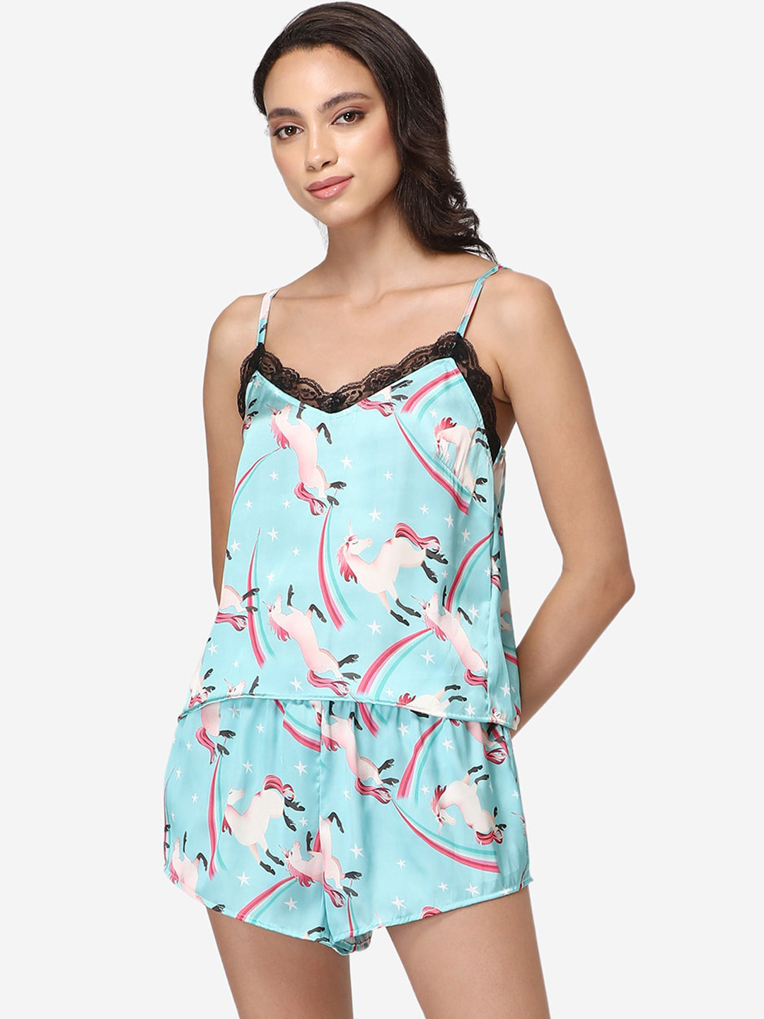 Buy Fluffalump Women Turquoise Blue & Pink Printed Top & Shorts - Night ...