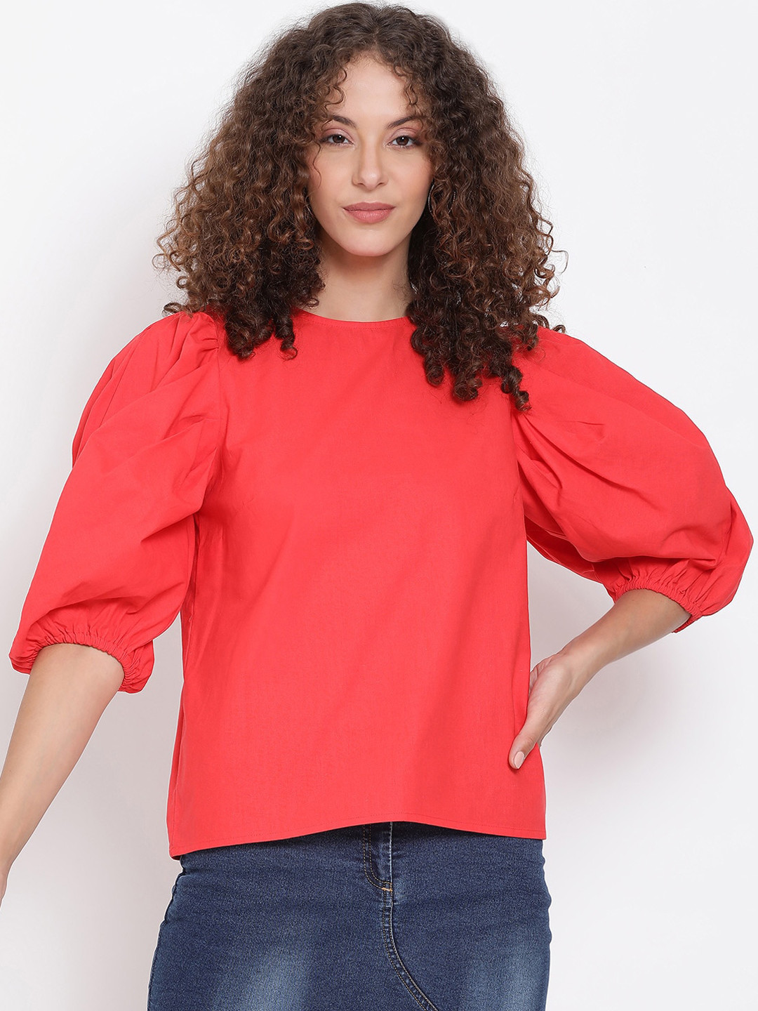 Buy Oxolloxo Red Puff Sleeves Regular Top - Tops for Women 14030572 ...