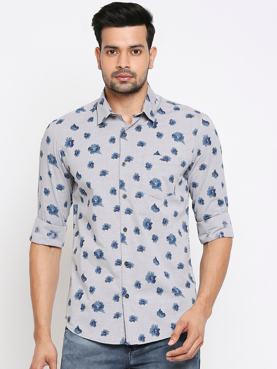 Buy Mufti Men Grey & Navy Blue Slim Fit Printed Casual Shirt - Shirts ...