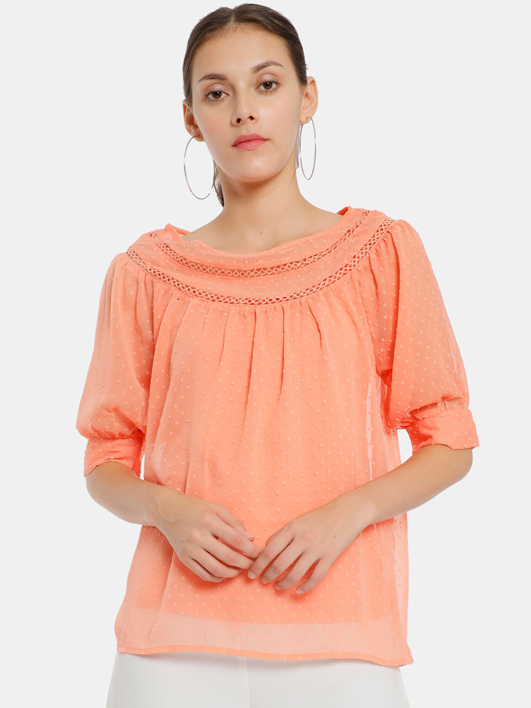 Buy Cherokee Peach Coloured Puff Sleeves Regular Top - Tops for Women ...