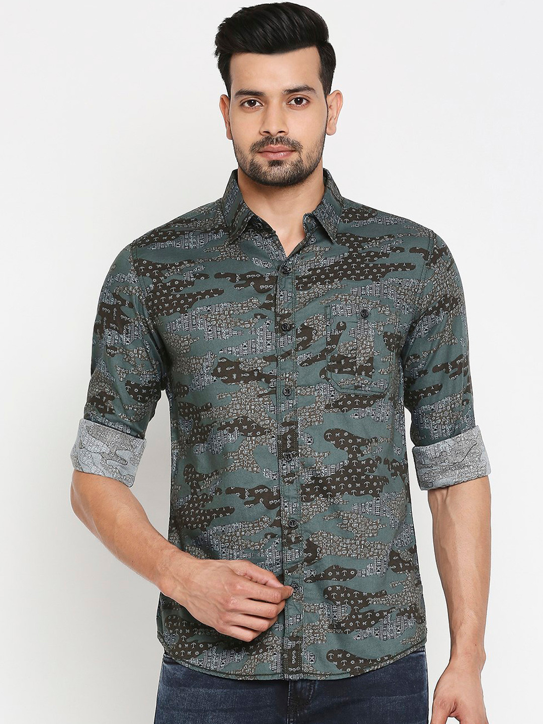 Buy Mufti Men Olive Green Slim Fit Printed Casual Shirt - Shirts for ...