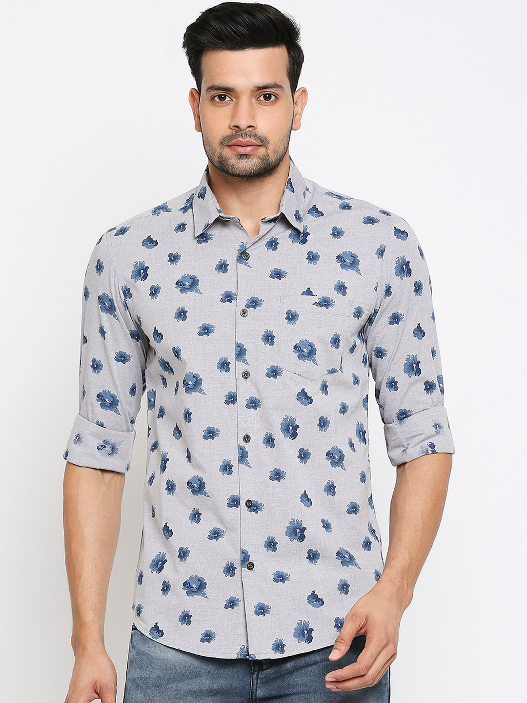 Buy Mufti Men Grey Slim Fit Printed Casual Shirt - Shirts for Men ...