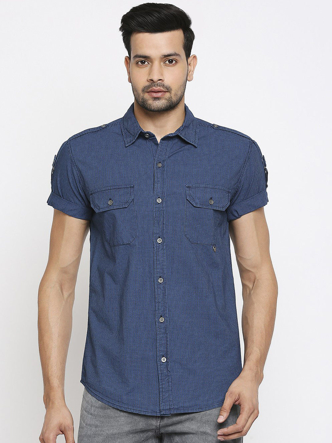 Buy Mufti Men Blue Slim Fit Checked Casual Shirt - Shirts for Men ...