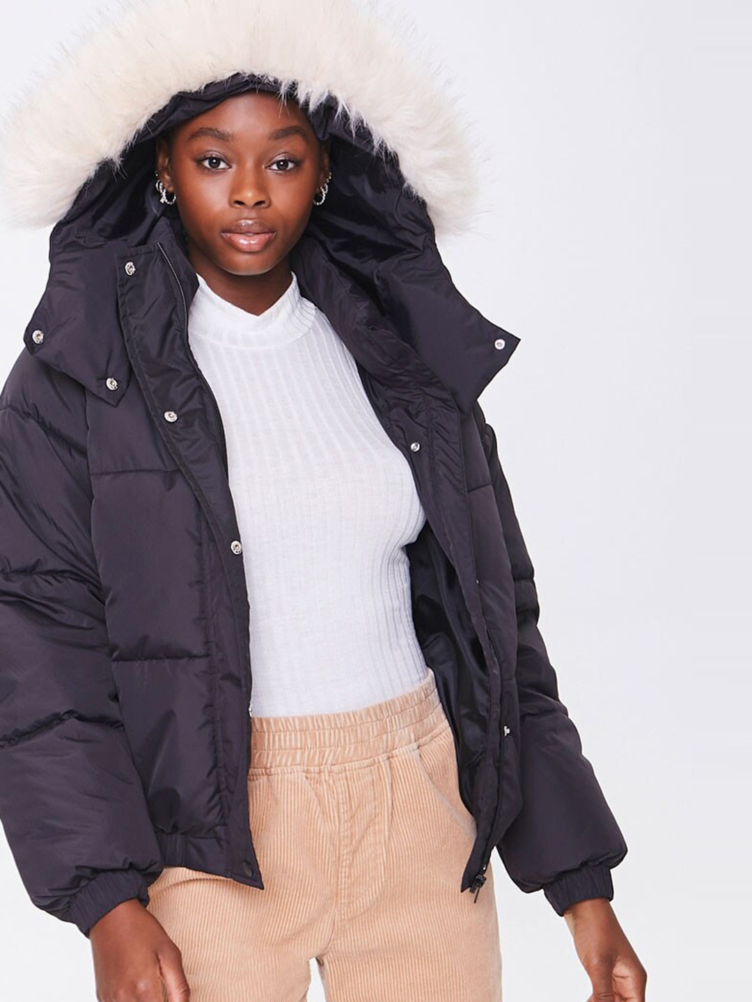 Buy FOREVER 21 Women Black Solid Hooded Puffer Jacket - Jackets for ...