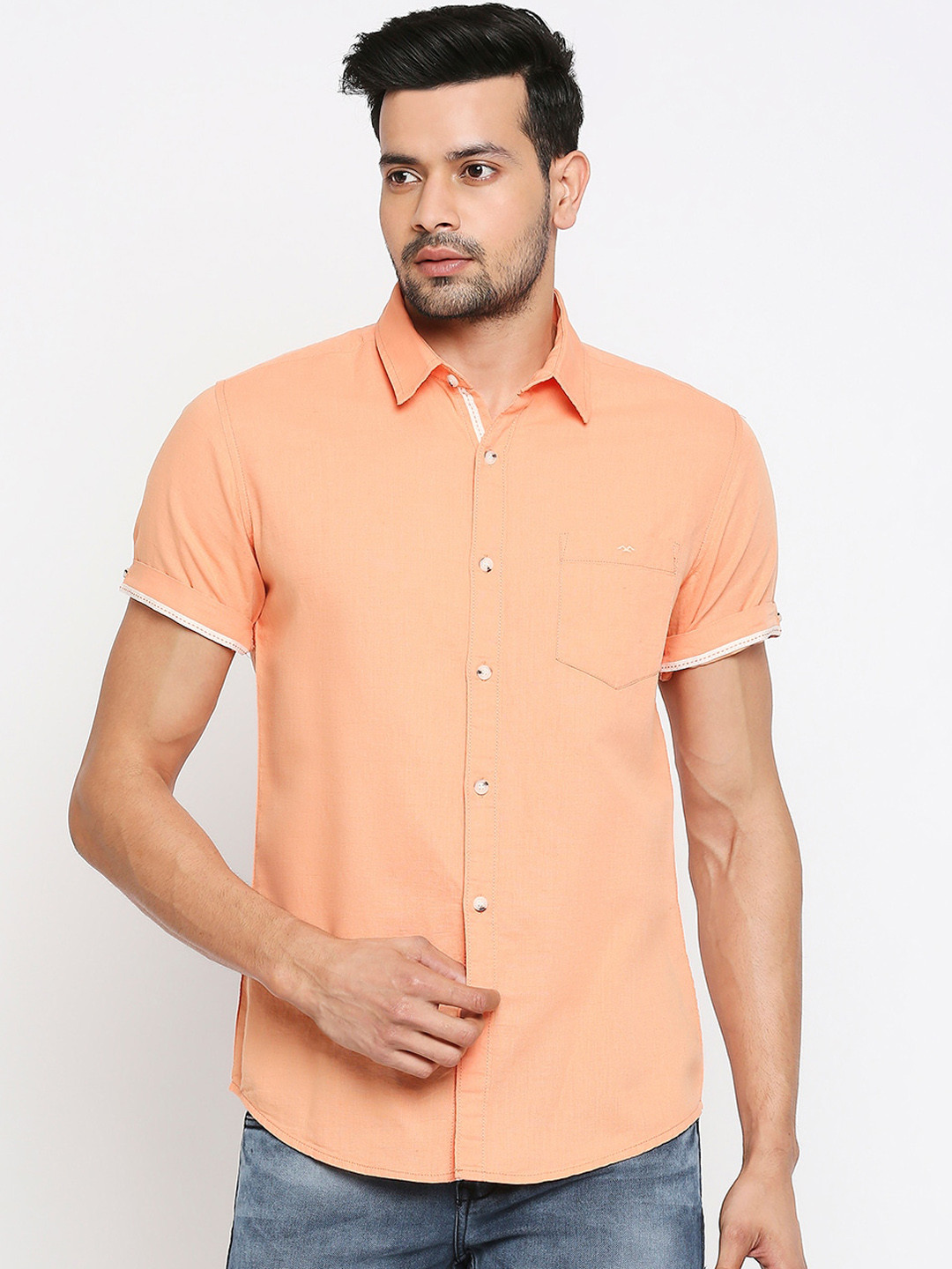 Buy Mufti Men Peach Coloured Slim Fit Solid Casual Cotton Linen Shirt ...