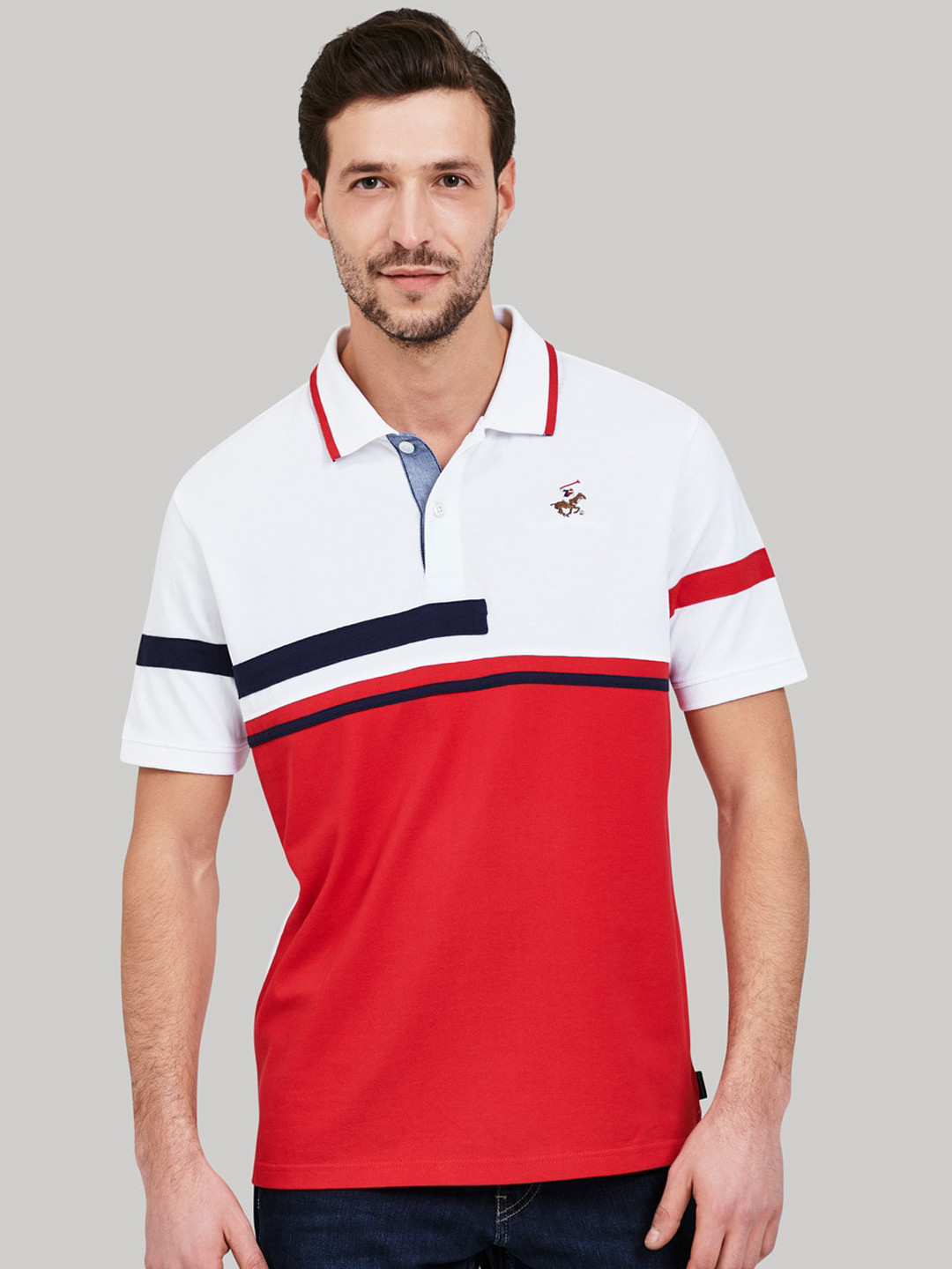 Buy Beverly Hills Polo Club Men Red & White Colourblocked Polo Collar T ...