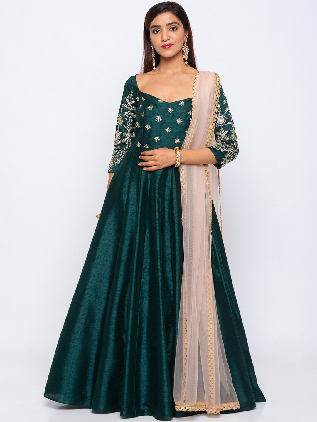 Buy 6Y COLLECTIVE Women Green Embroidered Gown Dress With Duppatta ...