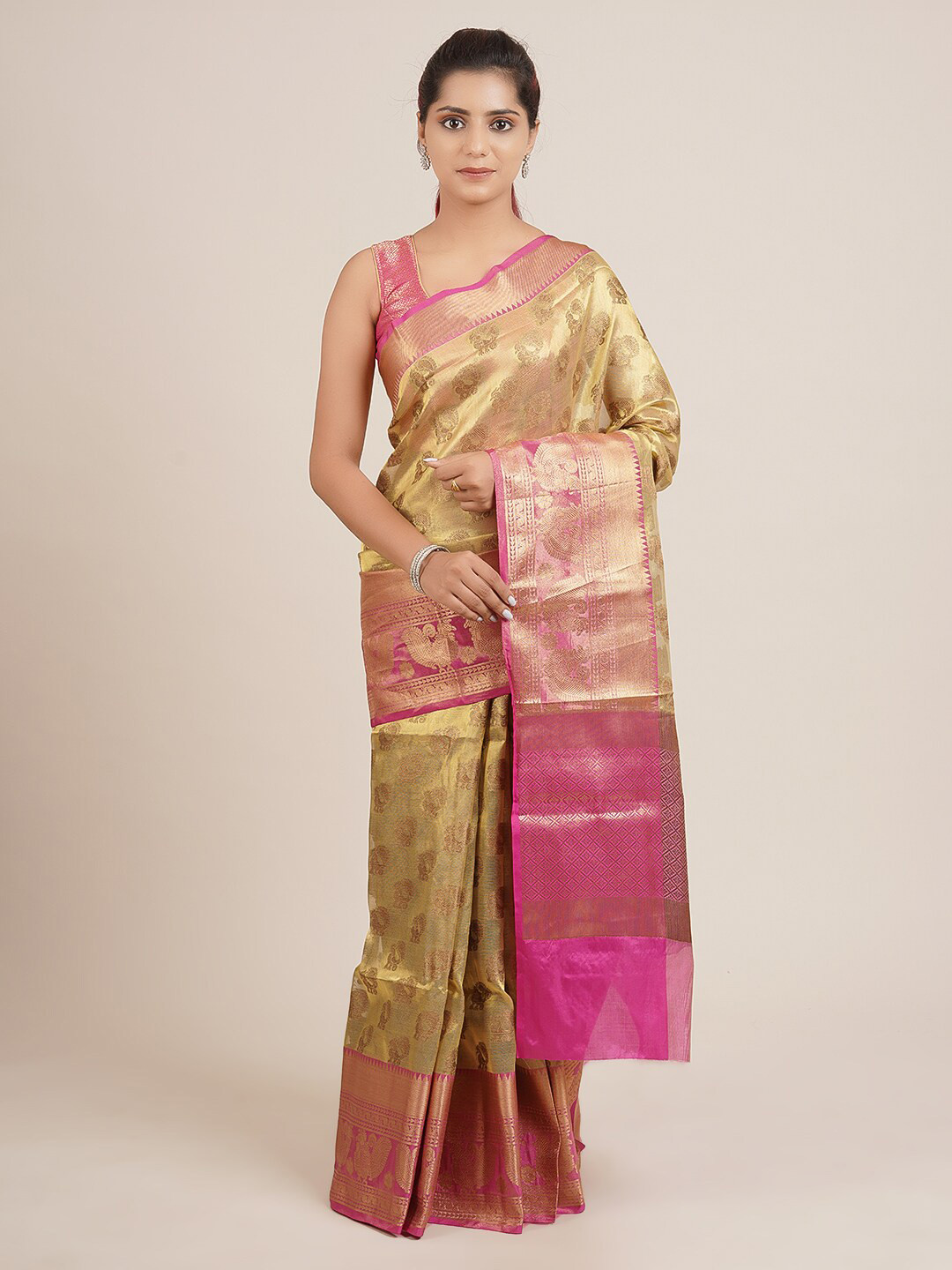 Buy Pothys Gold Coloured & Pink Jute Silk Woven Design Saree - Sarees ...