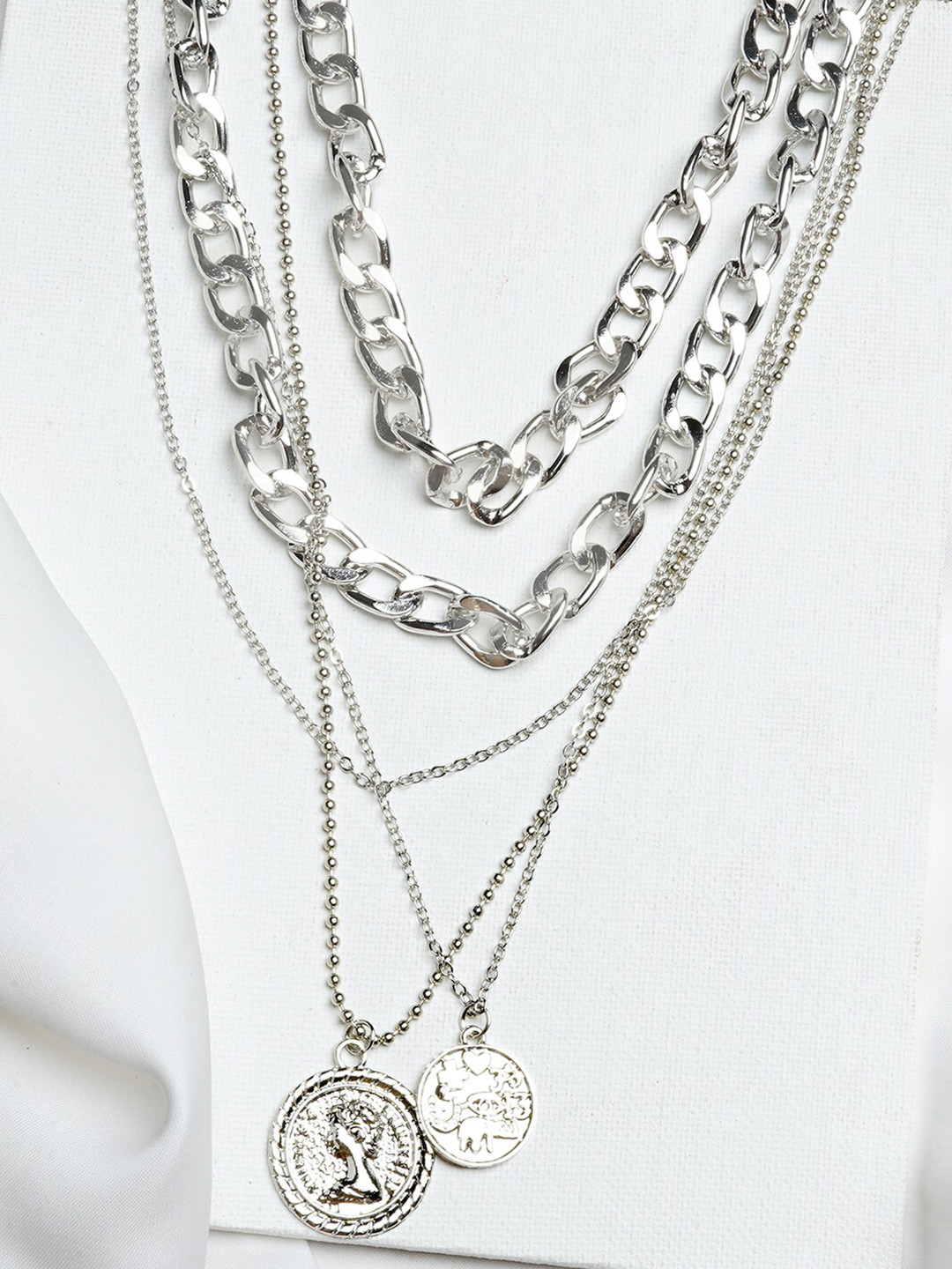 Buy JOKER & WITCH Silver Toned Chain Link Medallion Layered Necklace ...