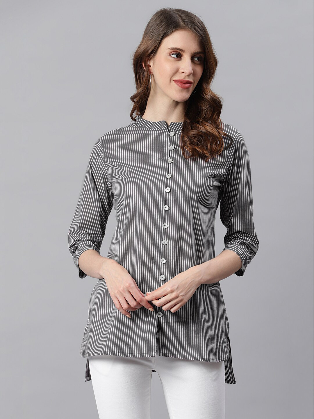 Buy Janasya Grey & White Mandarin Collar Striped Tunic - Tunics for ...