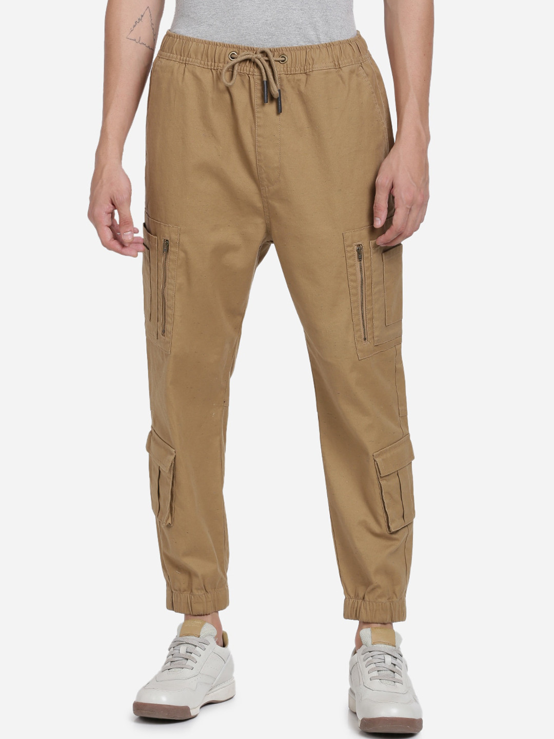 Buy Breakbounce Men Beige Slim Fit Solid Cargo Joggers - Trousers for ...