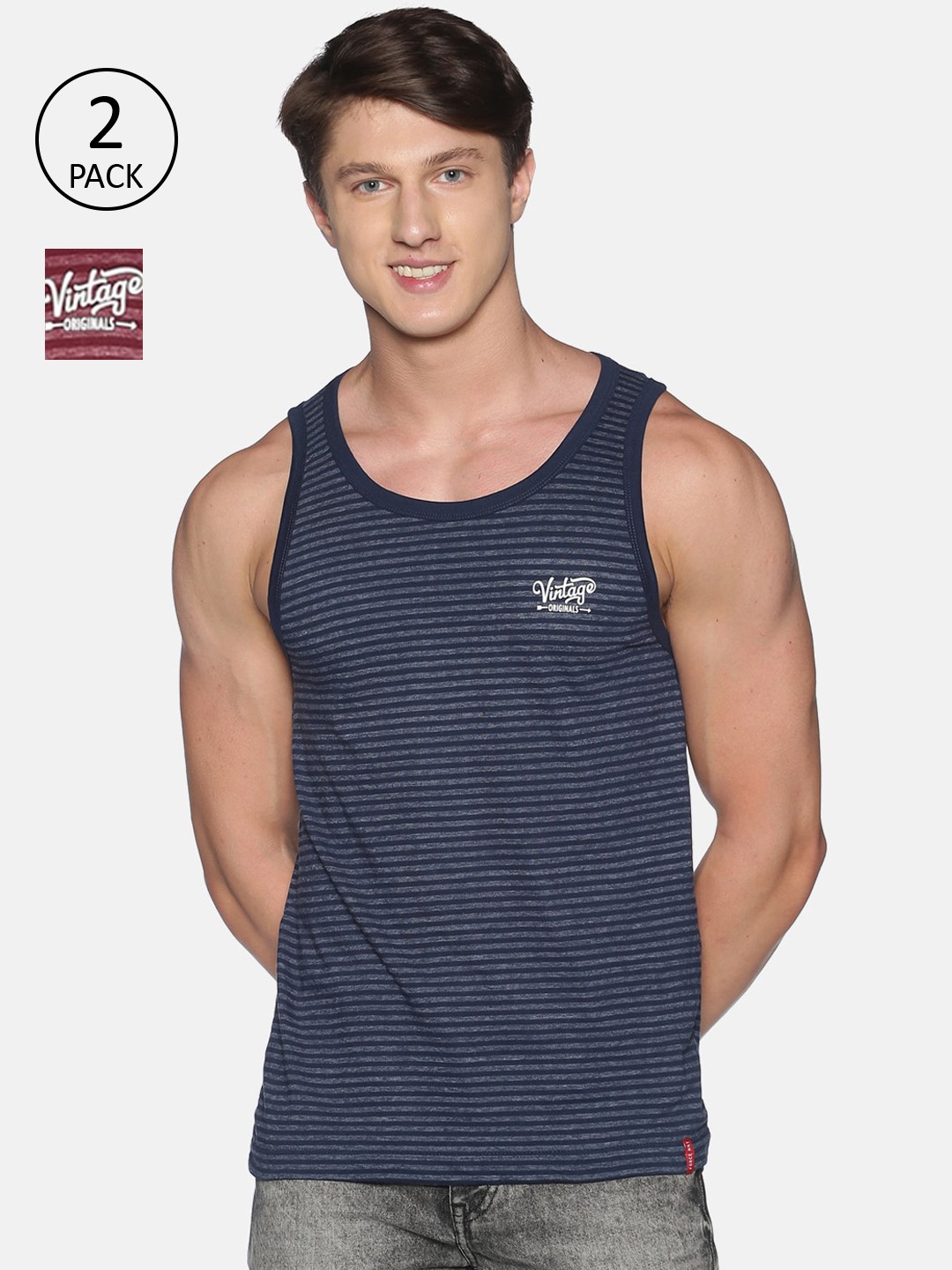 Buy Force Nxt Pack Of 2 Striped Premium Cotton Tank Vests Innerwear