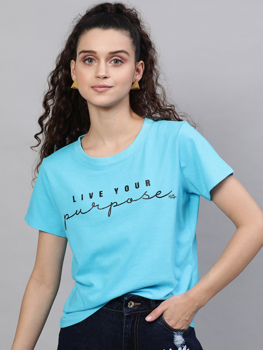 Buy STREET 9 Women Turquoise Blue Printed Round Neck Pure Cotton T ...