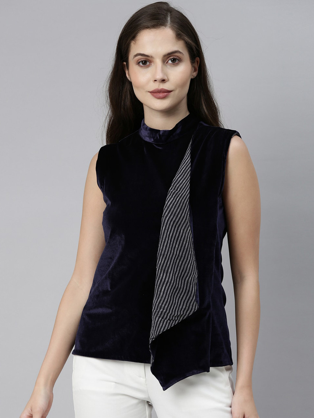 Buy RAREISM Women Navy Blue Velvet Regular Top - Tops for Women ...