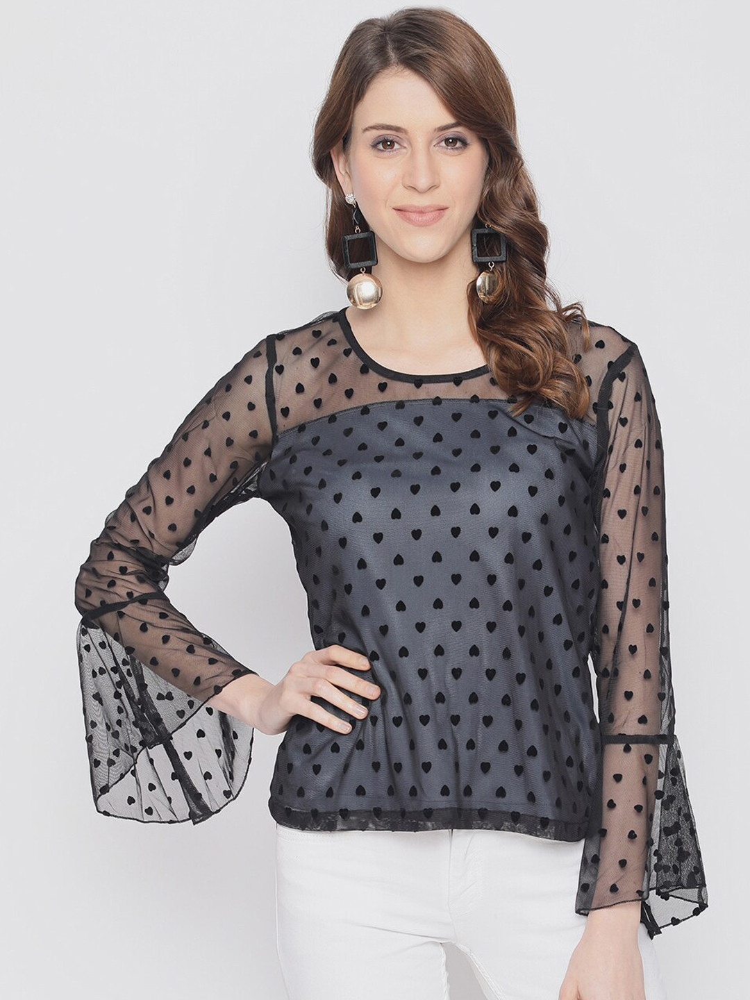 Buy AKIMIA Black & Blue Semi Sheer Net Regular Top - Tops for Women ...