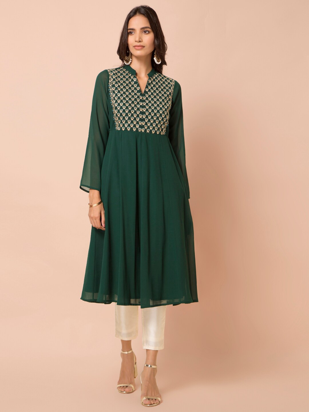 Buy Indya Green Mandarin Collar Embroidered Yoke Anarkali Kurta