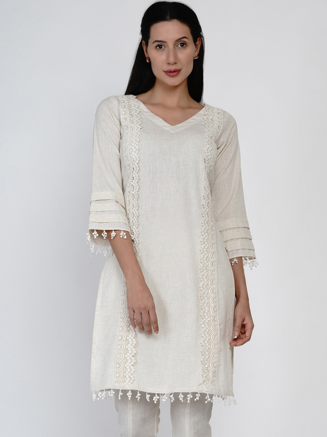 Buy Fabnest Women Off White Lace Insert Detailed Kurta Kurtas For