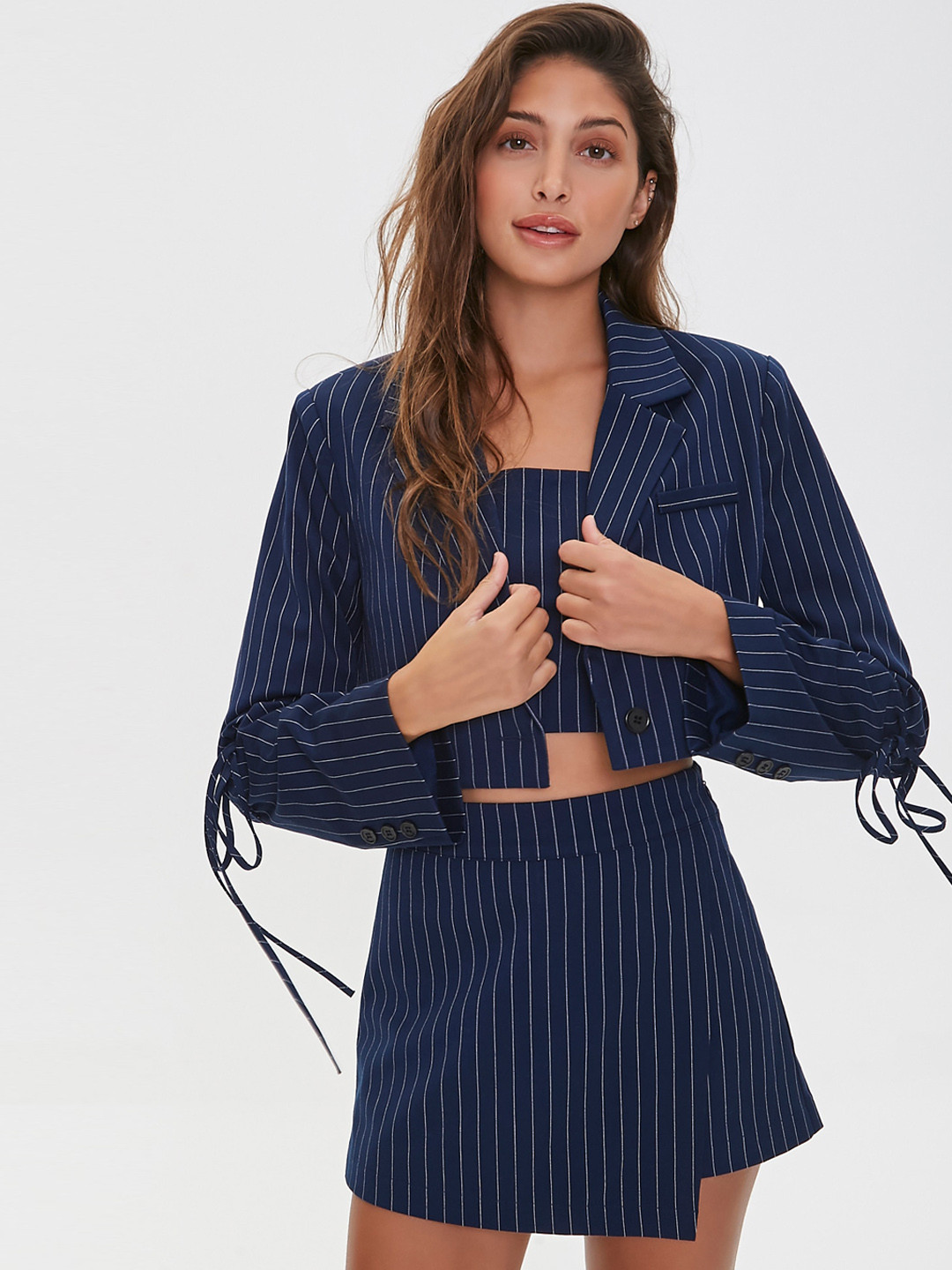 Buy FOREVER 21 Women Navy Blue & White Striped Casual Crop Blazer ...