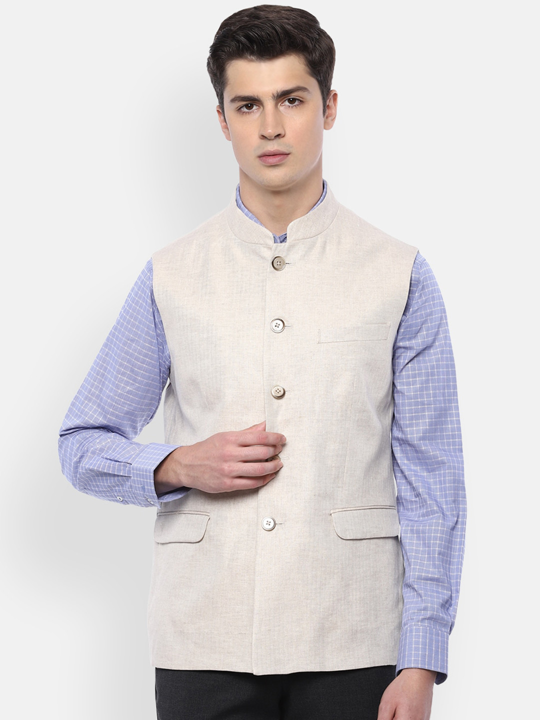 Buy Van Heusen Beige Waistcoat Solid Linen Nehru Jacket - Nehru Jackets ...