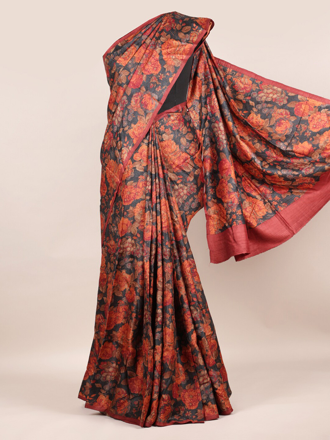 Buy Pothys Black Floral Pure Silk Tussar Saree - Sarees for Women ...