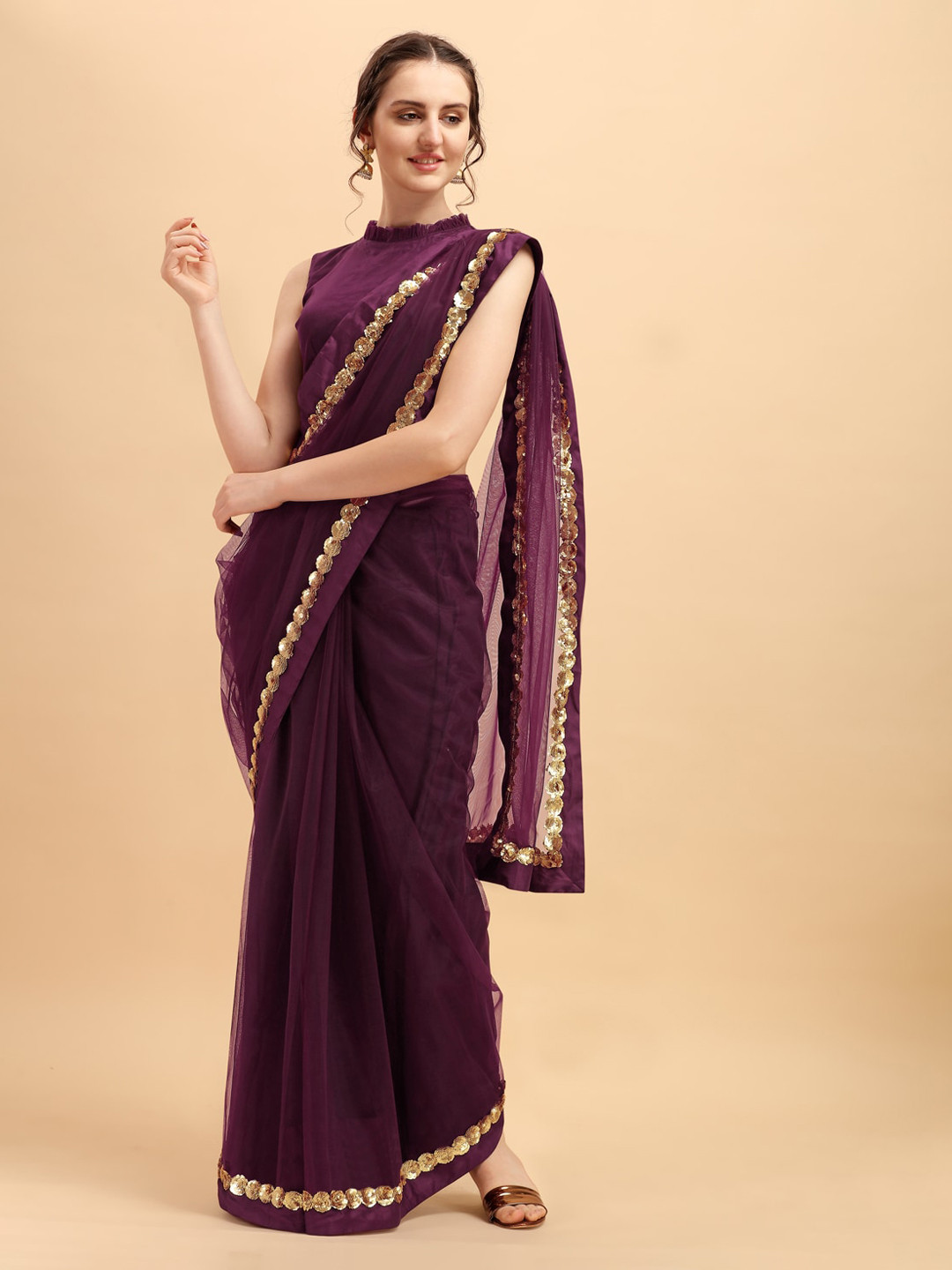 Buy Sangria Purple & Golden Embellished Sequinned Net Saree - Sarees ...