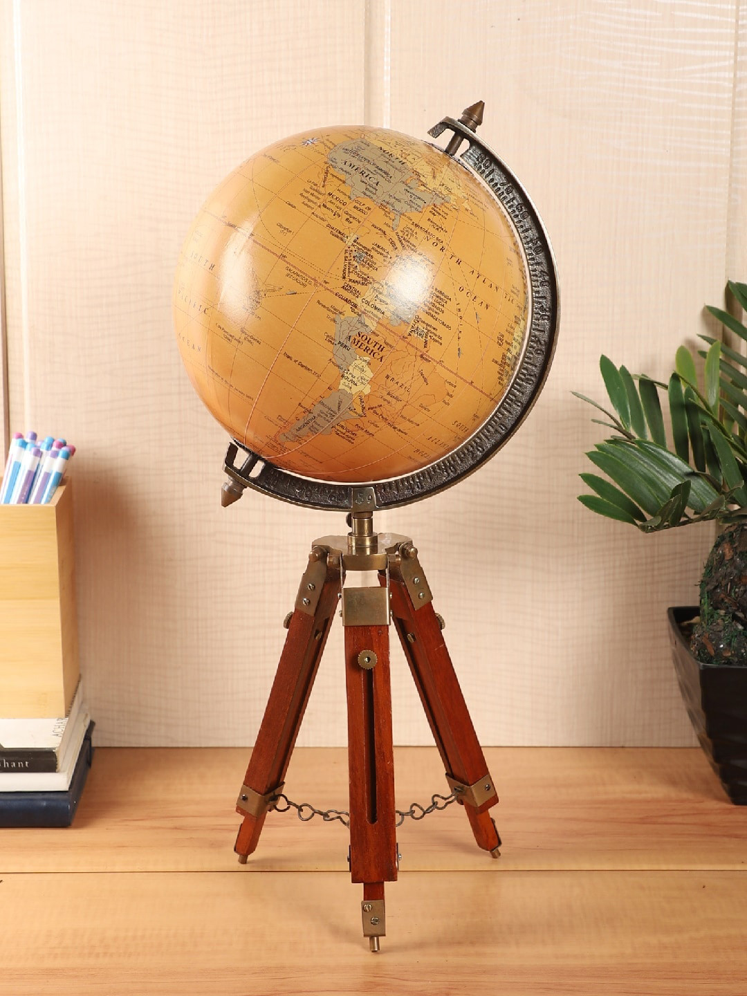 Buy EXIM DECOR Orange Globe With Wooden Tripod Stand - Showpieces for ...