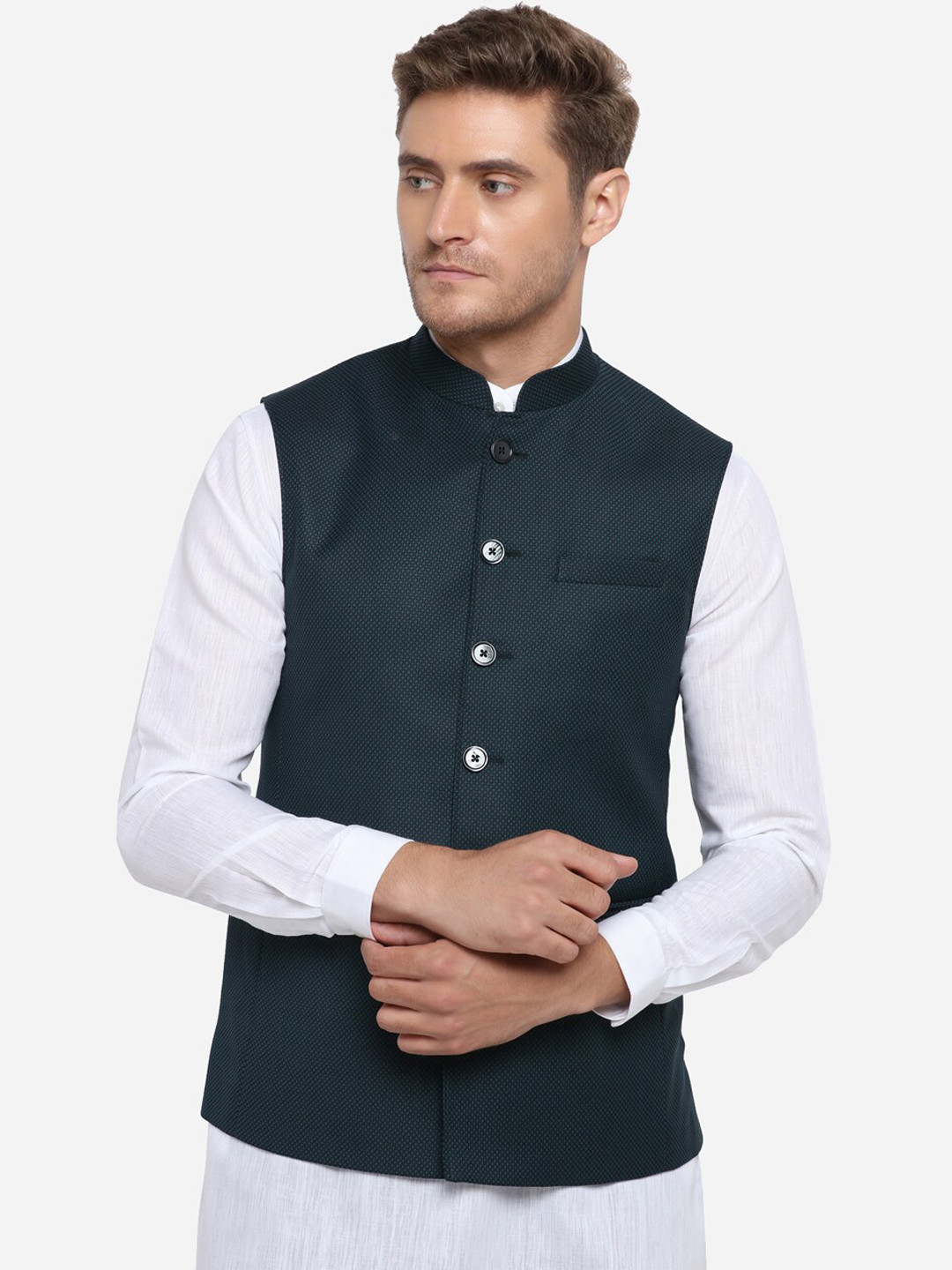 Buy MODI JACKET Men Teal Green Woven Design Nehru Jacket - Nehru ...