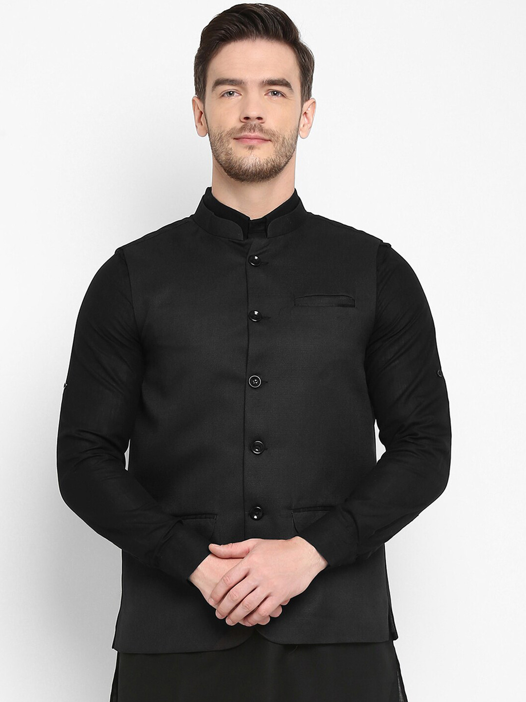 Buy Hangup Trend Men Black Solid Woven Nehru Jacket - Nehru Jackets for ...