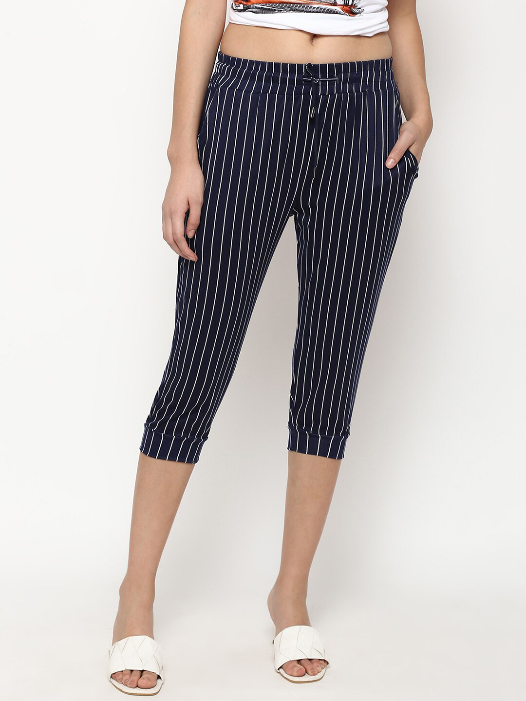 Buy V2 Value & Variety Women Navy Blue & White Striped Capris - Capris ...
