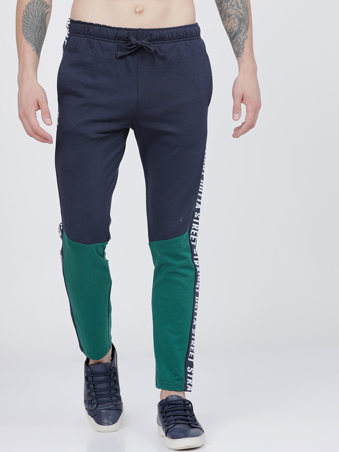 Buy LOCOMOTIVE Men Navy Blue & Green Colourblocked Slim Fit Track Pants ...