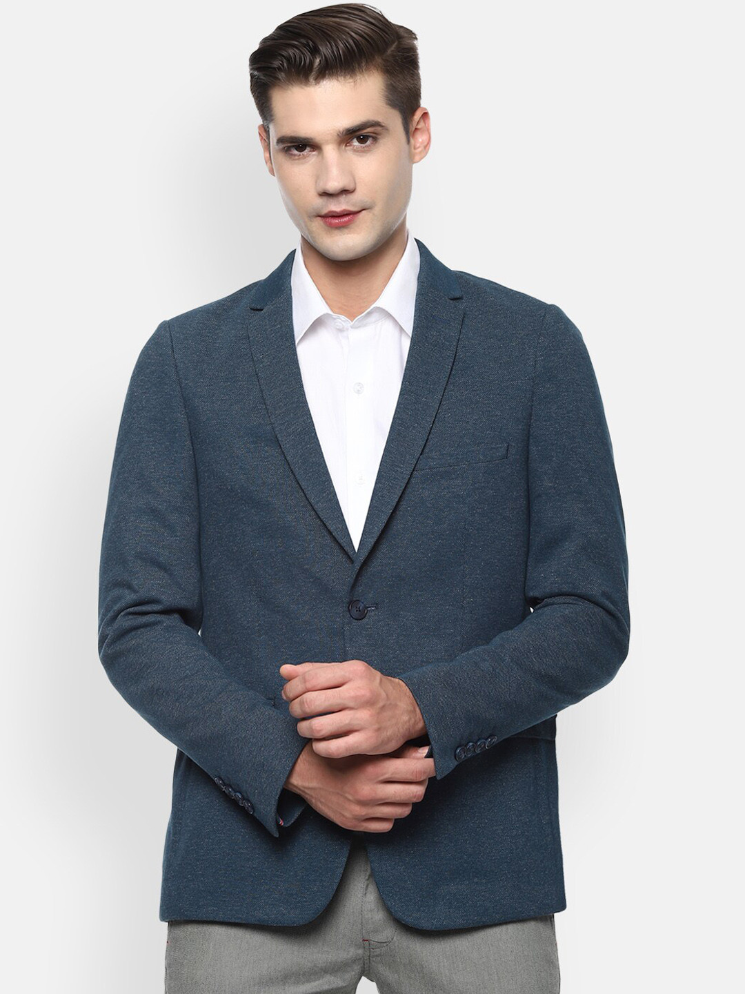 Buy Louis Philippe Sport Men Navy Blue Solid Slim Fit Single Breasted ...
