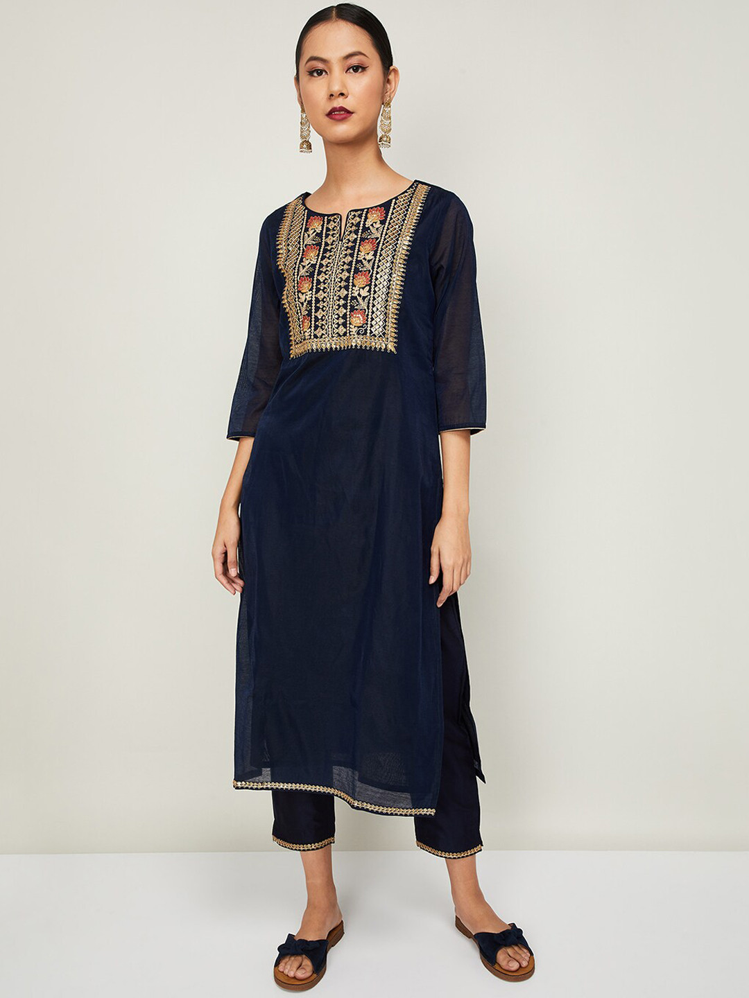 Buy Melange By Lifestyle Women Navy Blue Embroidered High Slit Kurti ...