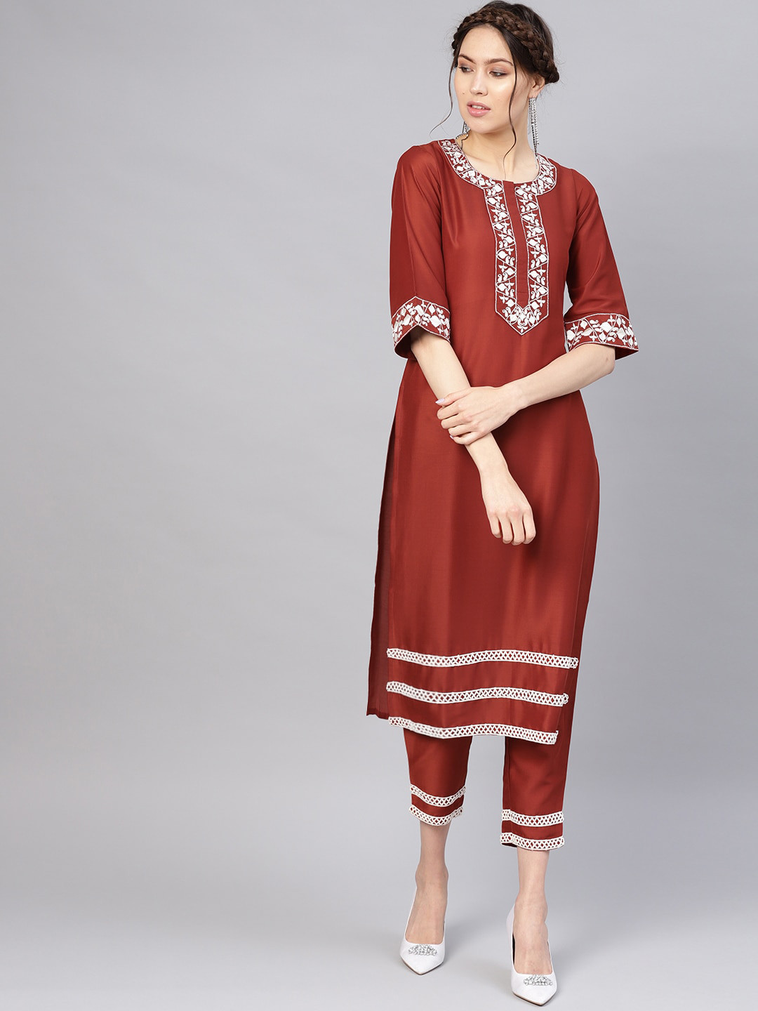 Buy Libas Women Rust Yoke Design Kurta With Trousers - Kurta Sets for ...