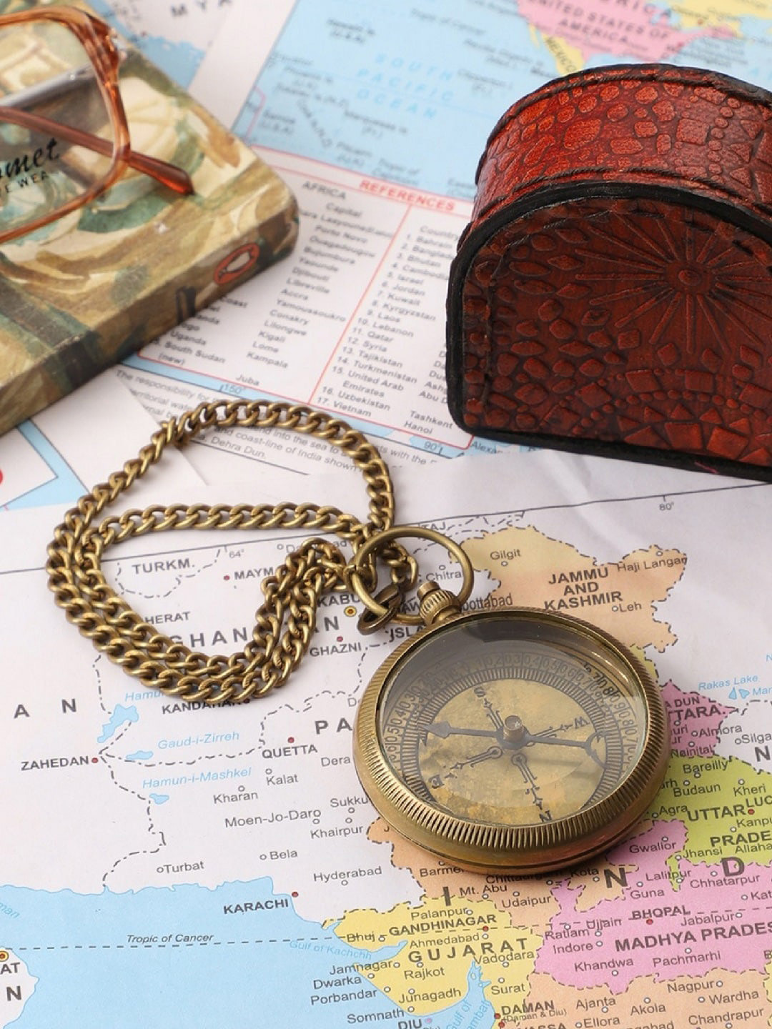 Buy EXIM DECOR Antique Brass Compass With Chain & Leather Cover ...