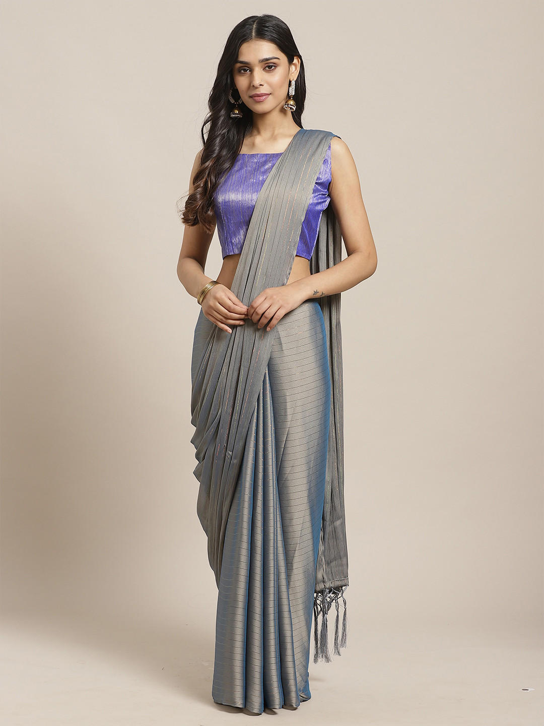 Buy Saree Mall Grey Striped Saree - Sarees for Women 14490490 | Myntra