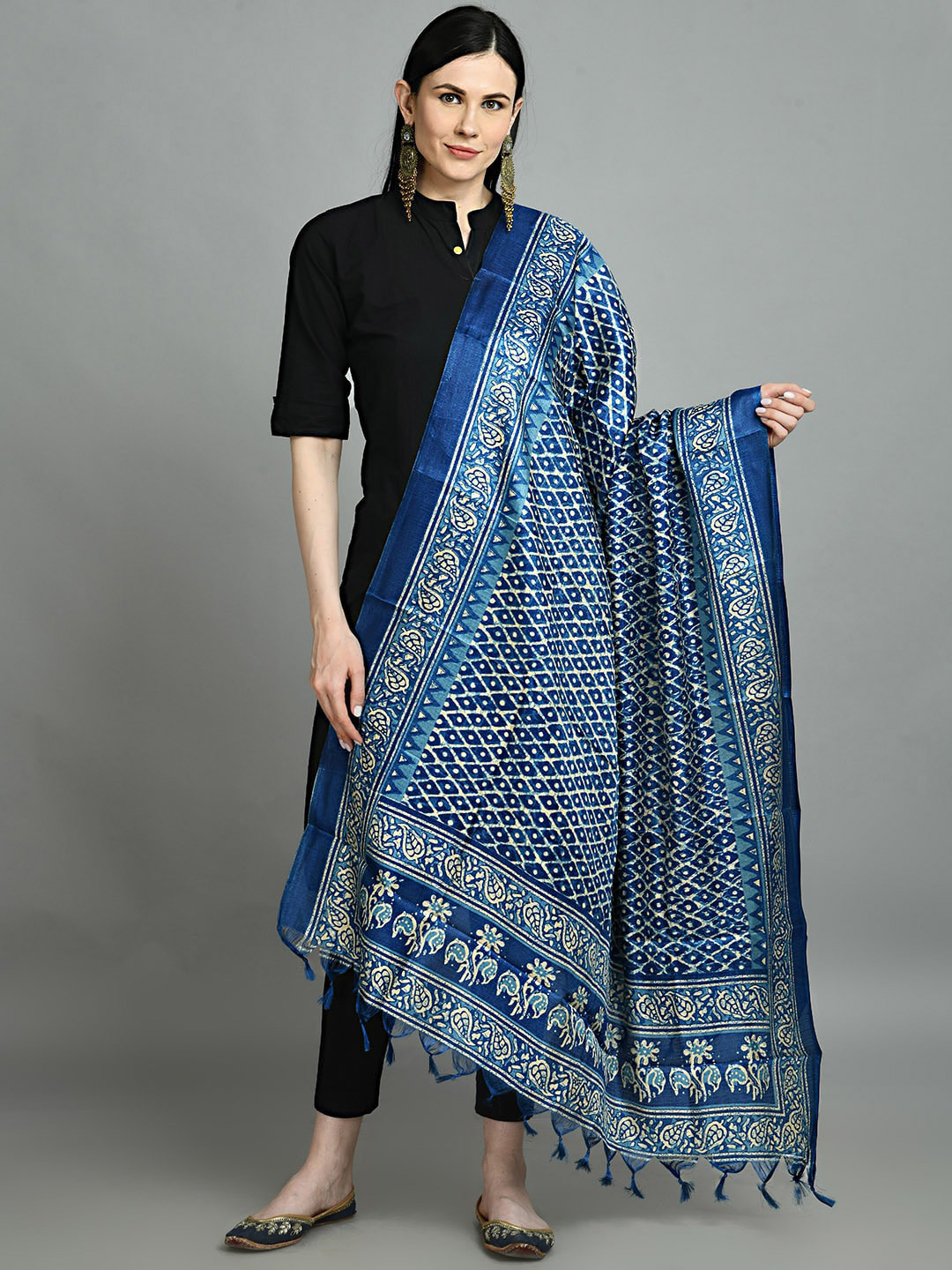 Buy Myshka Blue & Cream Coloured Ethnic Motifs Printed Dupatta ...
