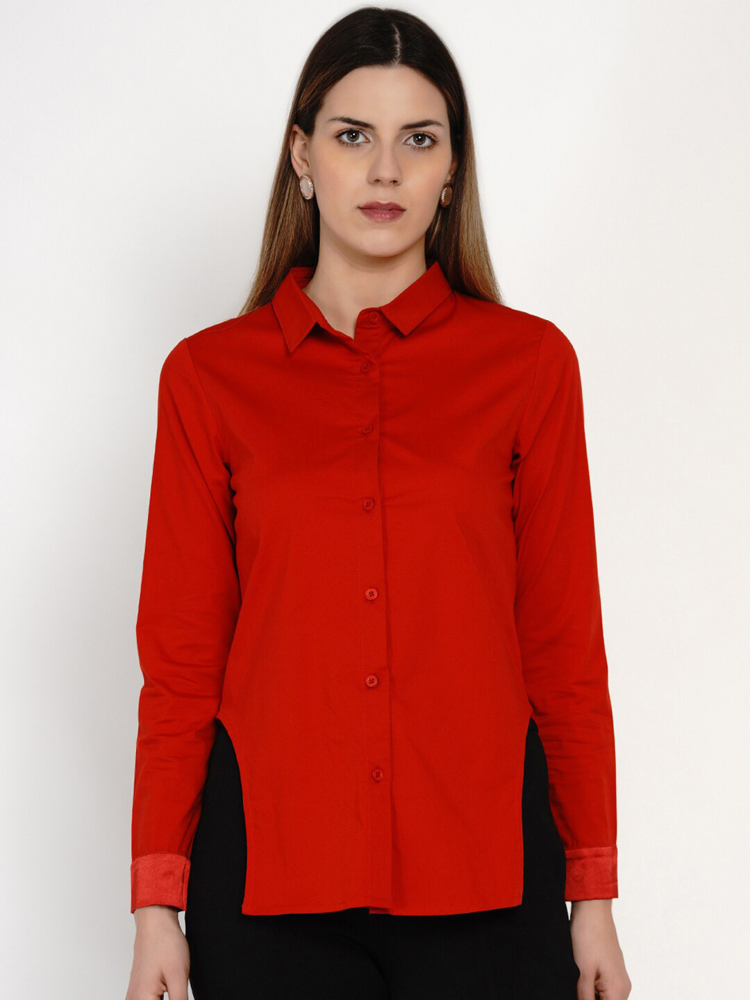 Buy Samshek Women Red Shirt Style Slit Straight Top - Tops for Women ...