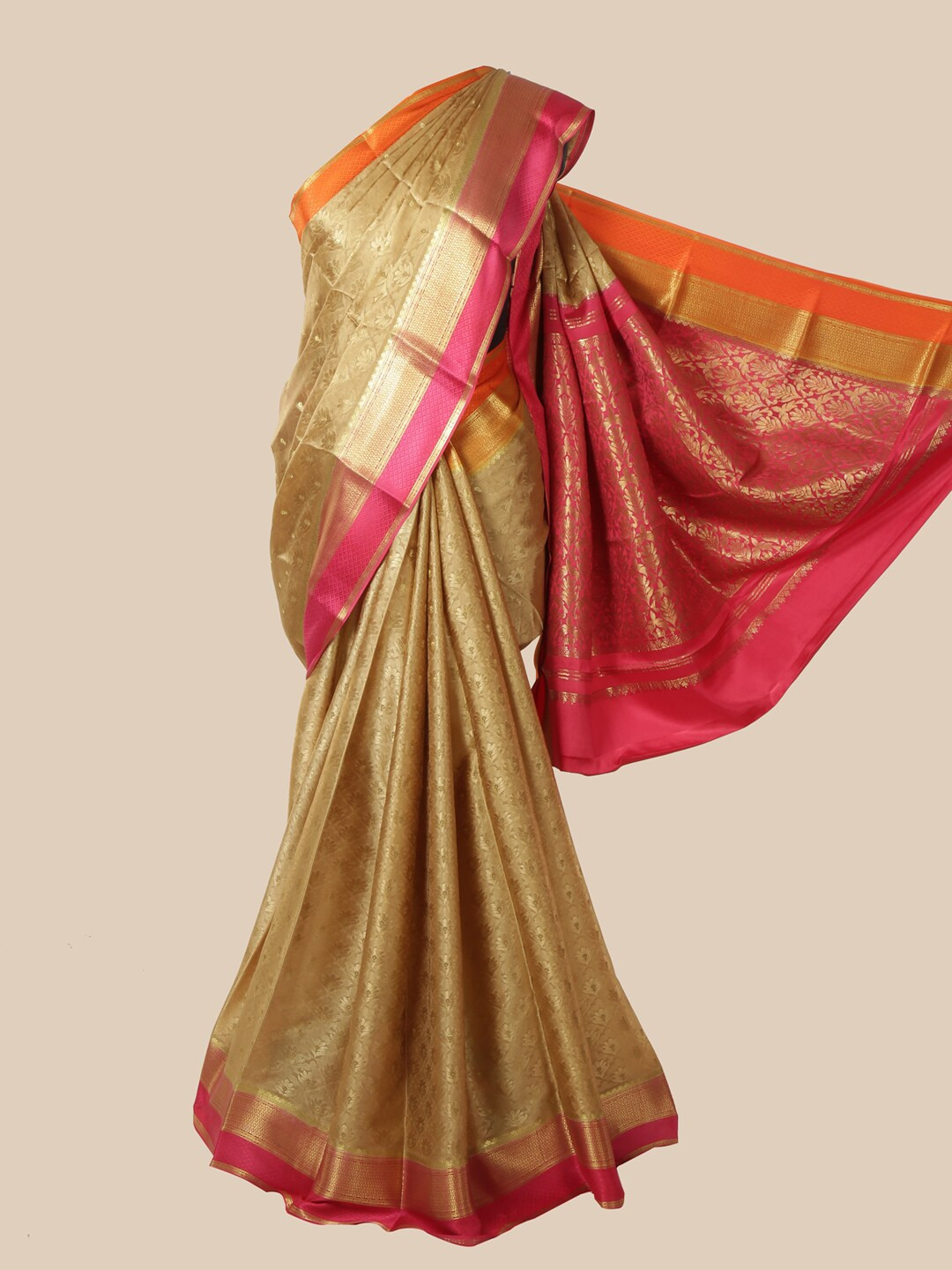 Buy Pothys Cream Colour & Pink Ethnic Motifs Zari Pure Silk Mysore Silk ...