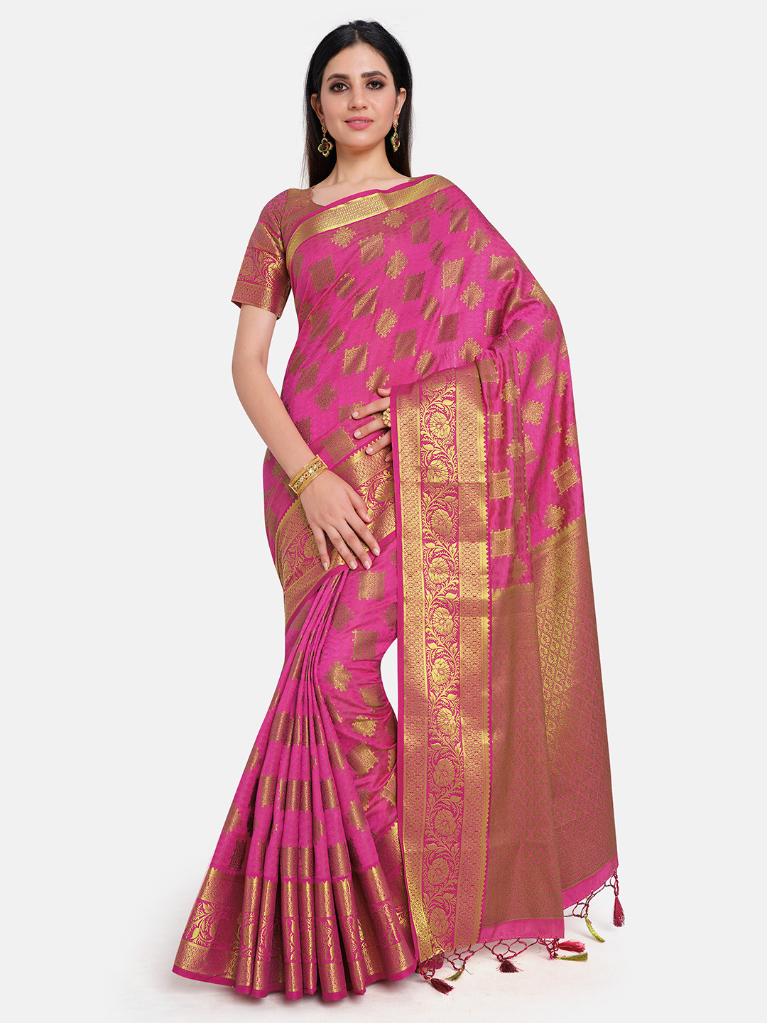 Buy MIMOSA Pink & Gold Toned Woven Design Zari Art Silk Kanjeevaram ...