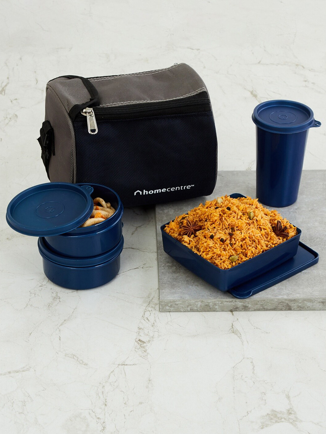 Buy Home Centre Set Of 4 Blue Solid Lunch Box With Carry Bag - Kitchen ...