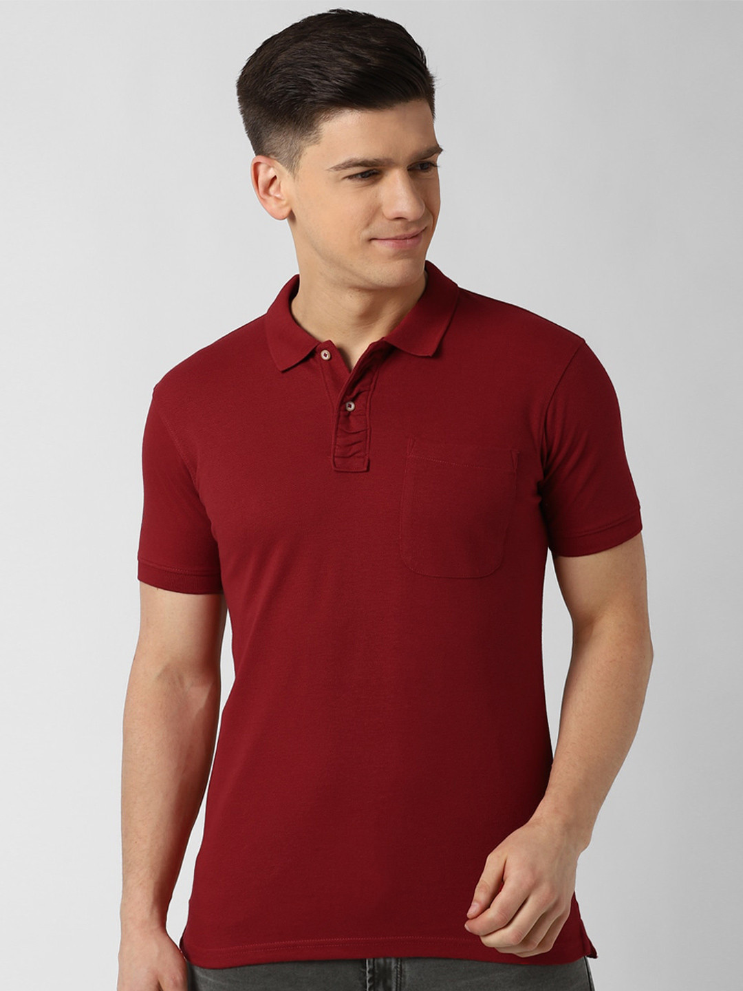 Buy Peter England Casuals Men Maroon Polo Collar Slim Fit Pure Cotton T ...