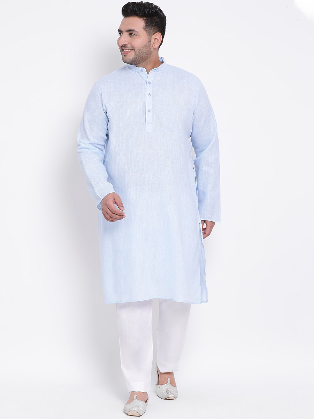 Buy Hangup Plus Men Blue & White Linen Kurta With Pyjamas - Kurta Sets ...