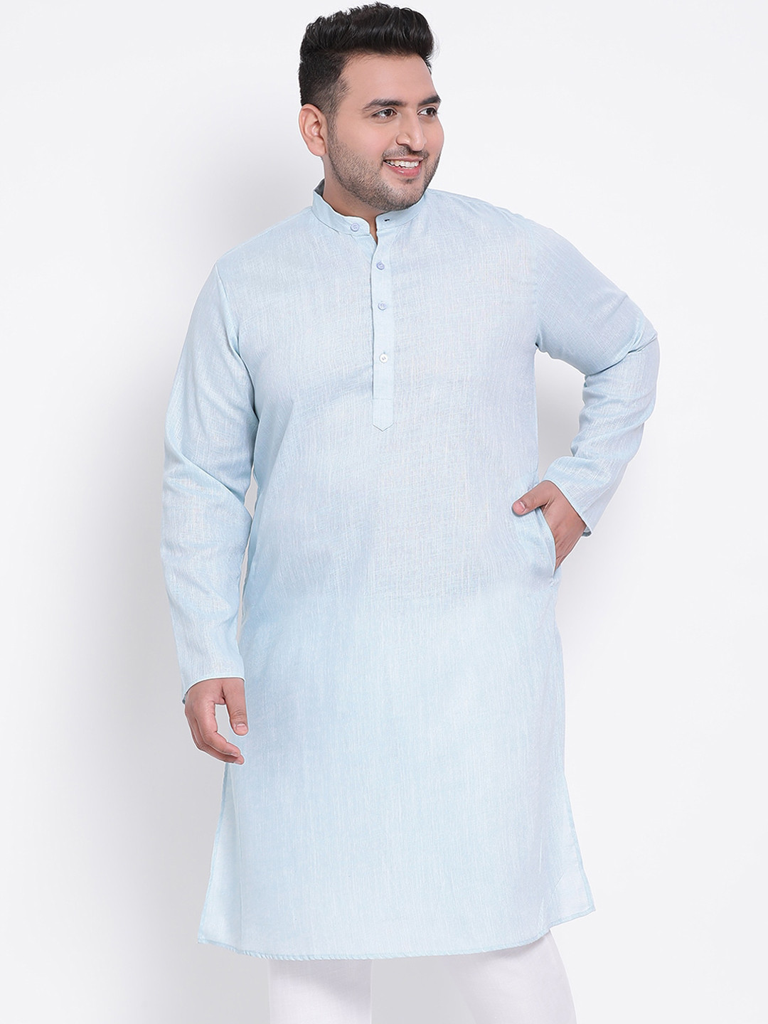 Buy Hangup Plus Men Blue Linen Kurta With Pyjamas - Kurta Sets for Men ...