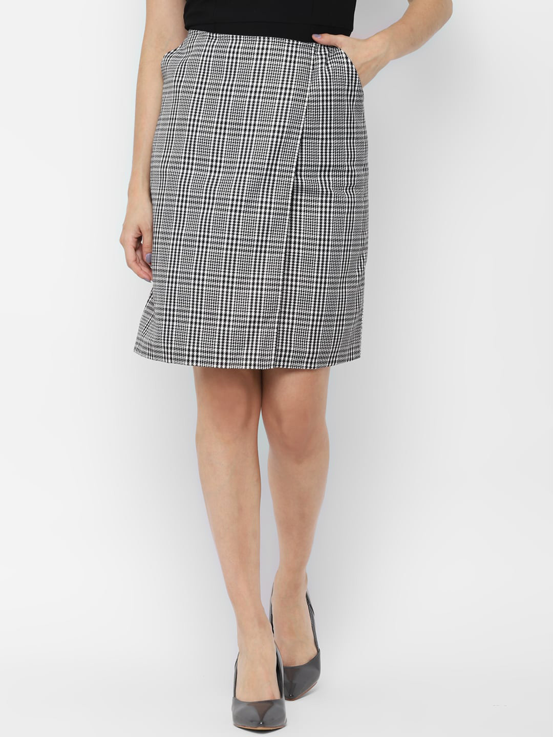 Buy Allen Solly Woman Black & White Checked Knee Length Wrap Skirt ...