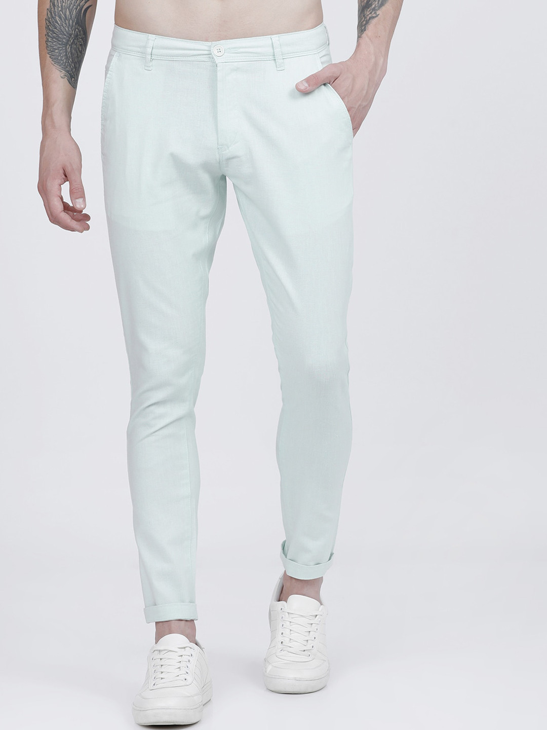 Buy HIGHLANDER Men Turquoise Blue Slim Fit Regular Trousers - Trousers ...