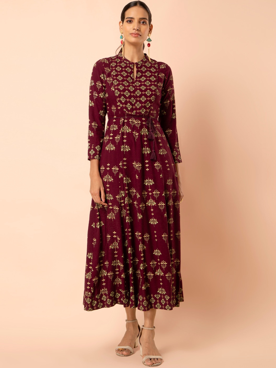 Buy Indya Maroon Ethnic Motifs Keyhole Neck Maxi Dress Dresses For