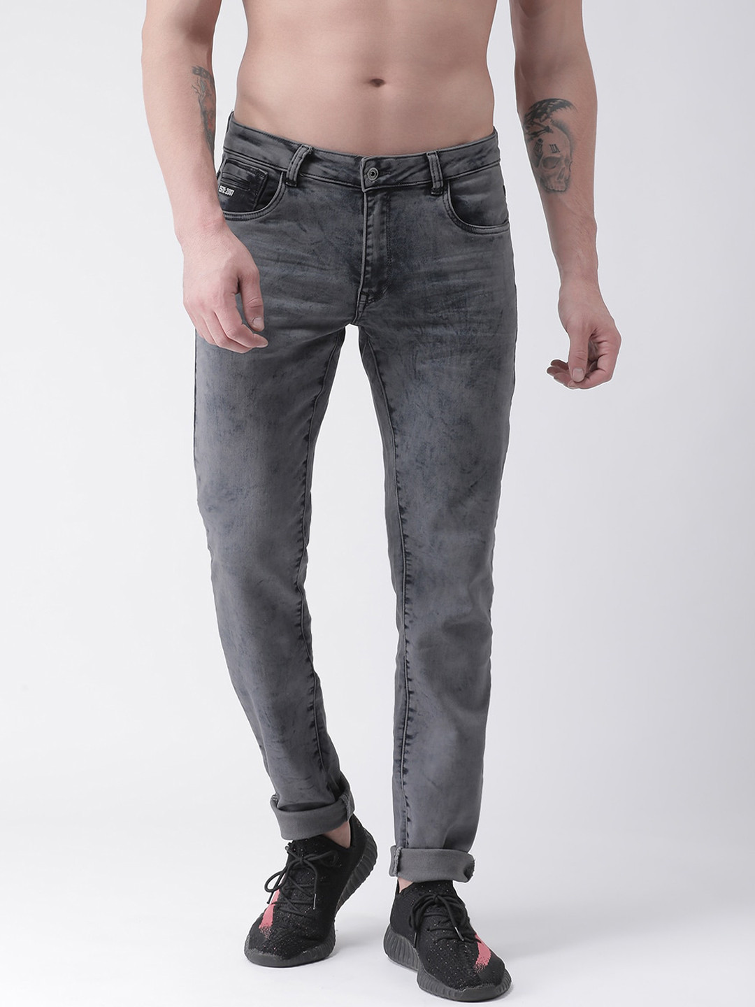 Buy Rex Straut Jeans Men Grey Tapered Fit Low Distress Heavy Fade Jeans ...