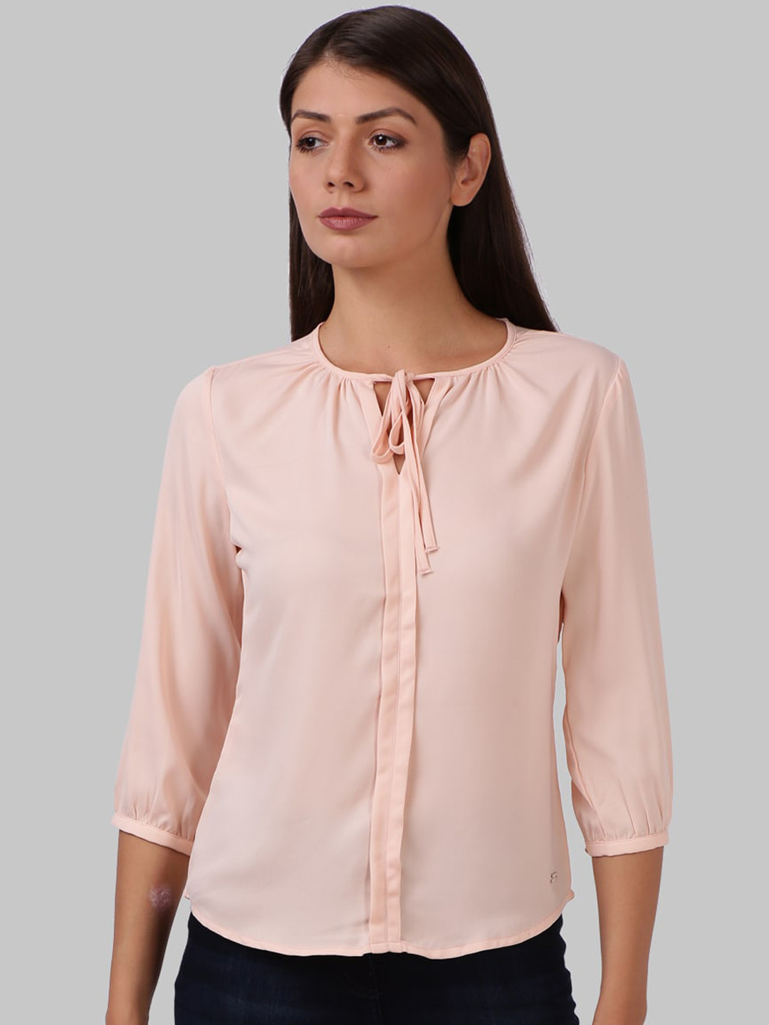 Buy Park Avenue Woman Peach Tie Up Neck Puff Sleeve Regular Top - Tops ...