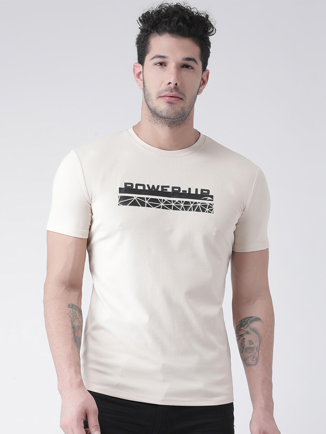 Buy Rex Straut Jeans Men Cream Typography Printed Slim Fit T Shirt ...